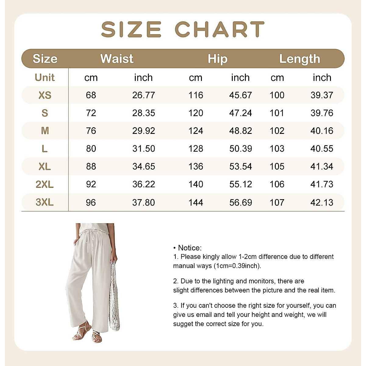 ebossy Women's Summer Drawstring Elastic Waist Cotton Linen Utility Beach Palazzo Pants Pockets (XL, Khaki)