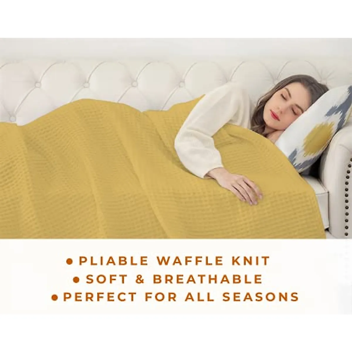Kotton Culture 100% Cotton Throw Blankets King Size Breathable All Season Blanket for Couch Lightweight Waffle Weave Pattern Soft Blanket for Home Sofa Traveling Camping 104X90 Inches (Gold)