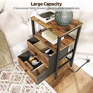 YATINEY Nightstands Set of 2, Dorm Night Stand with Charging Station, Bedside Tables with 2 Non-Woven Drawers, Side Table for Dorm Room, End Table for Small Spaces, College, Living Room ET02L2BR