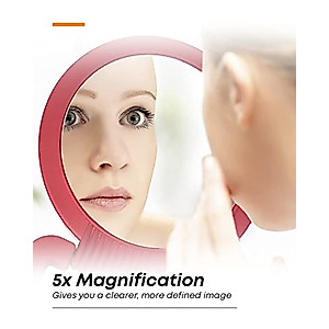 Double Sided Magnifying Mirror - Vanity Round Makeup Mirror with 1x and 5x Magnification - Mirror Stand with Adjustable Handle - Light, Compact Mirror - Portable, Standing Mirror for Travel (Red)