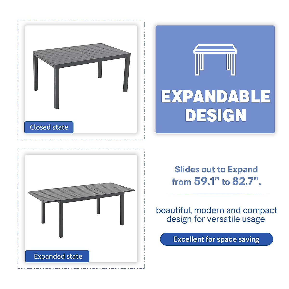Soleil Jardin 9-Piece Outdoor Patio Dining Set, 59" - 83" Aluminum Expandable Outdoor Dining Table Set for 8, 8 Stackable Chairs with Gray Removable Cushions, Dark-Grey