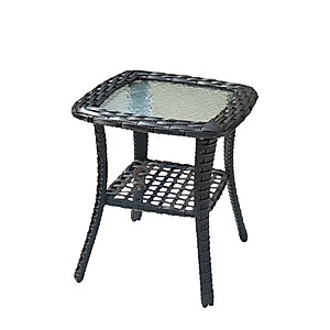 ovios Patio Coffee Table Outdoor Rattan Wicker Side Table with Glass Top, All Weather Outdoor Table End Table for Proch Balcony Backyard Deck, Square, Brown Wicker