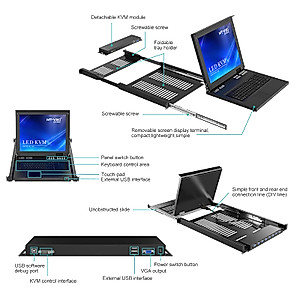 MT-Viki Rack KVM Switch VGA 8 Port w/17'' LCD Monitor, LCD KVM Console Fit 1U 19'' Rack, Support OSD/Hotkey, Integrated with Keyboard+Touch pad+Drawer+8 KVM Cables