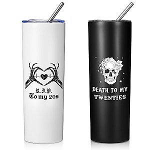 Maxcheck 2 Pcs 30th Birthday Gift for Women Mens Rip to My 20s, Death to My 20s Birthday Party, White and Black Skinny Tumblers with Lids and Straws, Funny Christmas Gift for Couple