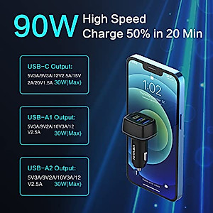 USB C Car Charger,Car Charger NITASA 90W 3 Ports PD 3.0 & QC 30W (PPS) LED Type C Cigarette Lighter Fast Charging Adapter for iPhone 14/14 Pro/13/12 Pro Max,iPad,Samsung S22/S21/S23,Pixel 7 6 Pro