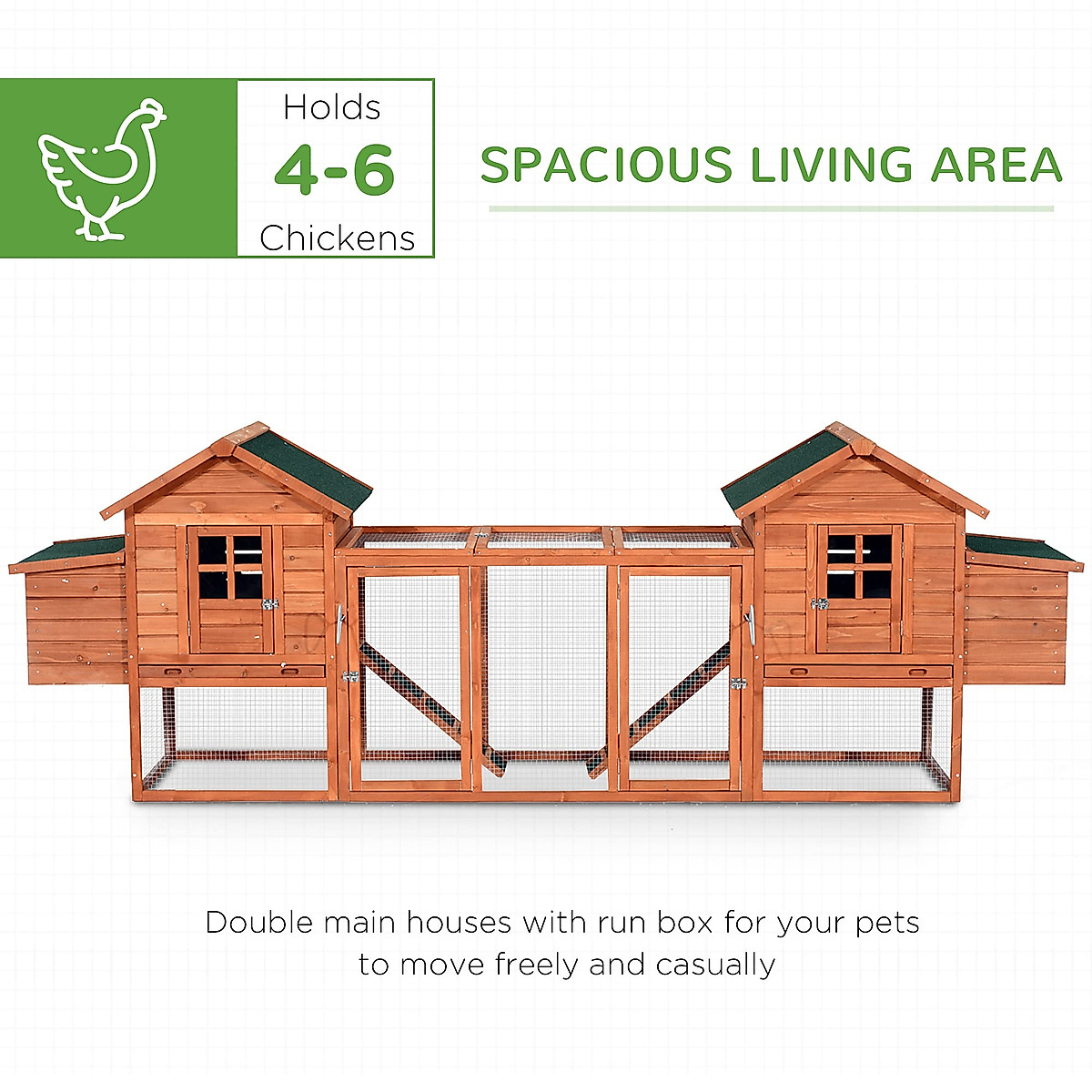 PawHut Dual Wooden Chicken Coop with Garden Bed, Large Outdoor Hen House with Nesting Boxes Removable Trays, Ramps Run, for Garden Backyard, 123" x 27.5" x 42.5", Natural Wood