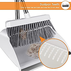 Broom and Dustpan Set,Upright Standing Dust Pans with 54" Stainless Steel Long Handle,Dustpan and Broom Combo for Home Kitchen Office Lobby Floor Cleaning,Outdoor/Indoor Household Brooms-White+Orange
