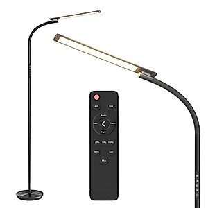 LED Floor Lamp with Remote Control and Timer Function, Stepless Adjustable 3000K-6000K Colors and 20-100% Brightness, 12W Reading Floor Lamp with Night Light, Used for Desk and Floor (Black)