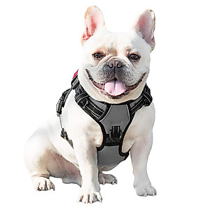 PHOEPET No Pull Dog Harness Medium Reflective Front Clip Vest with Handle,Adjustable 2 Metal Rings 3 Buckles,[Easy to Put on & Take Off](M, Grey)