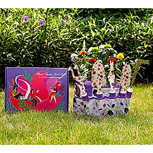 Floral Purple Garden Tool Set Gardening Gifts for Women,Garden Pruning Shears Set,Heavy Duty Gardening Tools Kit,Storage Tote Bucket Bag Organizer,Birthday Gifts for Her