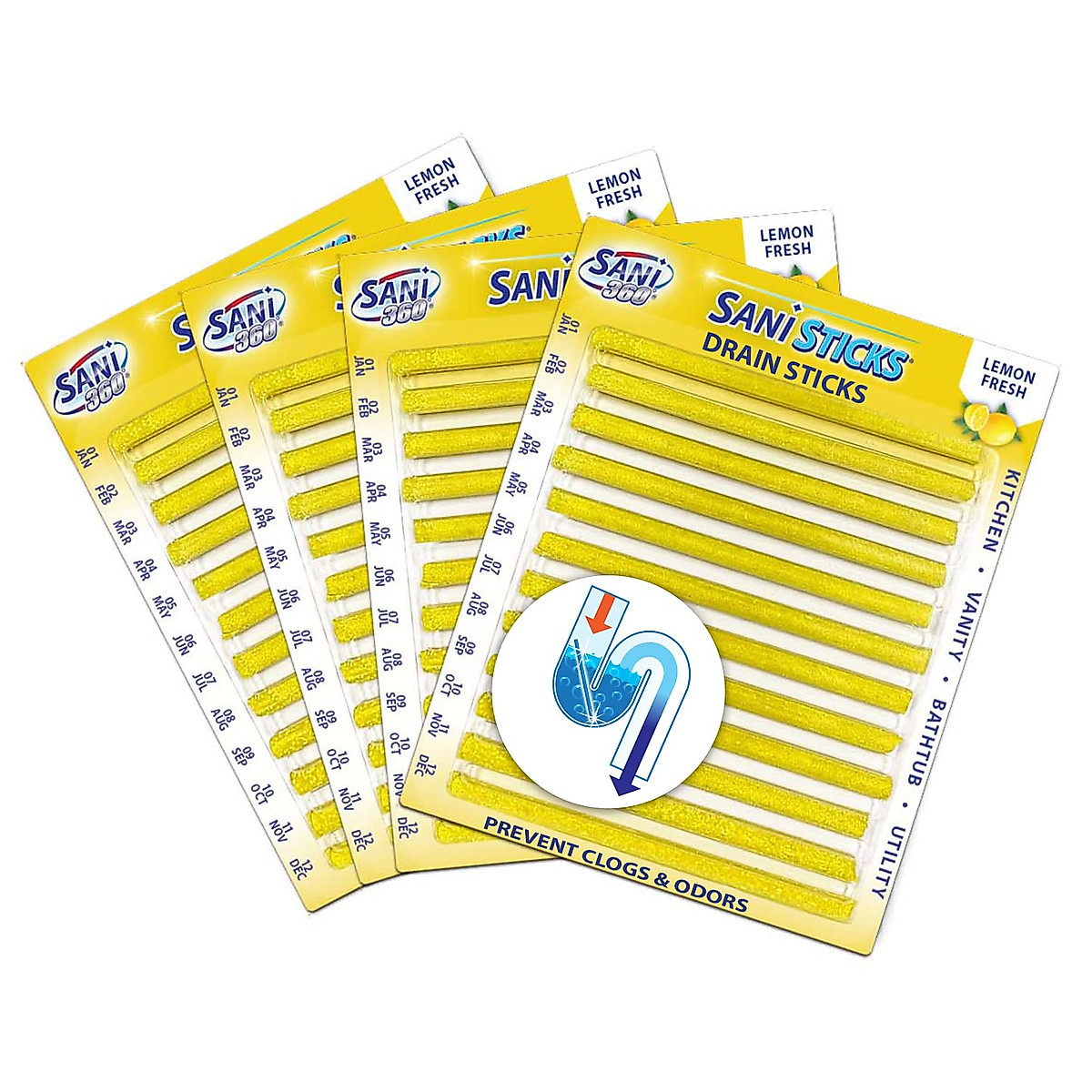 SANI 360° Sani Sticks Drain Cleaner and Deodorizer, Enzyme Pipe Cleaners, Eliminate Odors, Prevent Clogged Drains, Safe for Sinks, Bathtub Drains, Septic Tanks, 48 Count, Lemon Scent