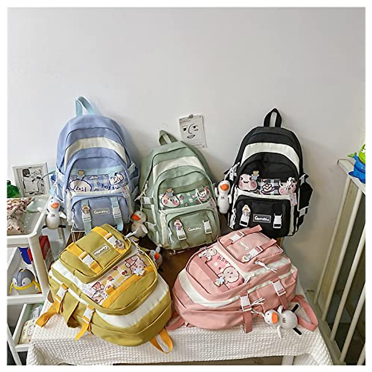 Kawaii Backpack with Cute Duck Plush, Aesthetic Student School Bags BookBag School Supplies Daypack Bag Rucksack (Blue), One Size