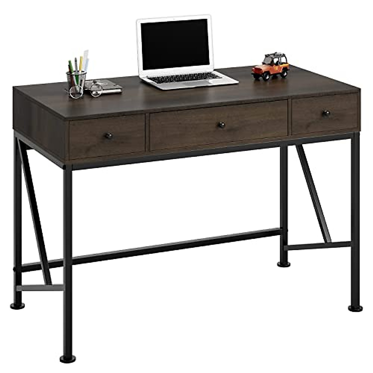 URKNO Computer Desk with 3 Drawers, 42" Wood Writing Desk for Home Office, Modern Simple Style Laptop Study Table, Makeup Vanity Console Table, Metal Frame, Easy Assembly, Dark Brown