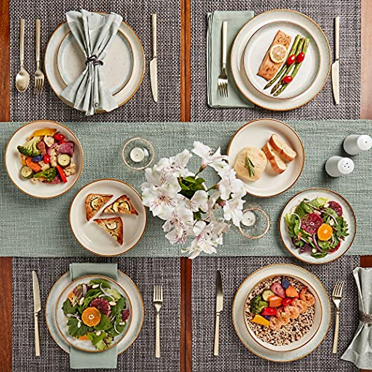 Tabletops Gallery Speckled Farmhouse Collection- Stoneware Dishes Service for 4 Dinner Salad Appetizer Dessert Plate Bowls, 12 Piece Hanover Dinnerware Set in Teal