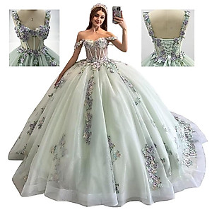 Mouccy Lace Sky Blue Quinceanera Dresses 2024 Beaded Pearly Ball Gowns Floral Off Shoulder Sweet 16 Dresses Petite