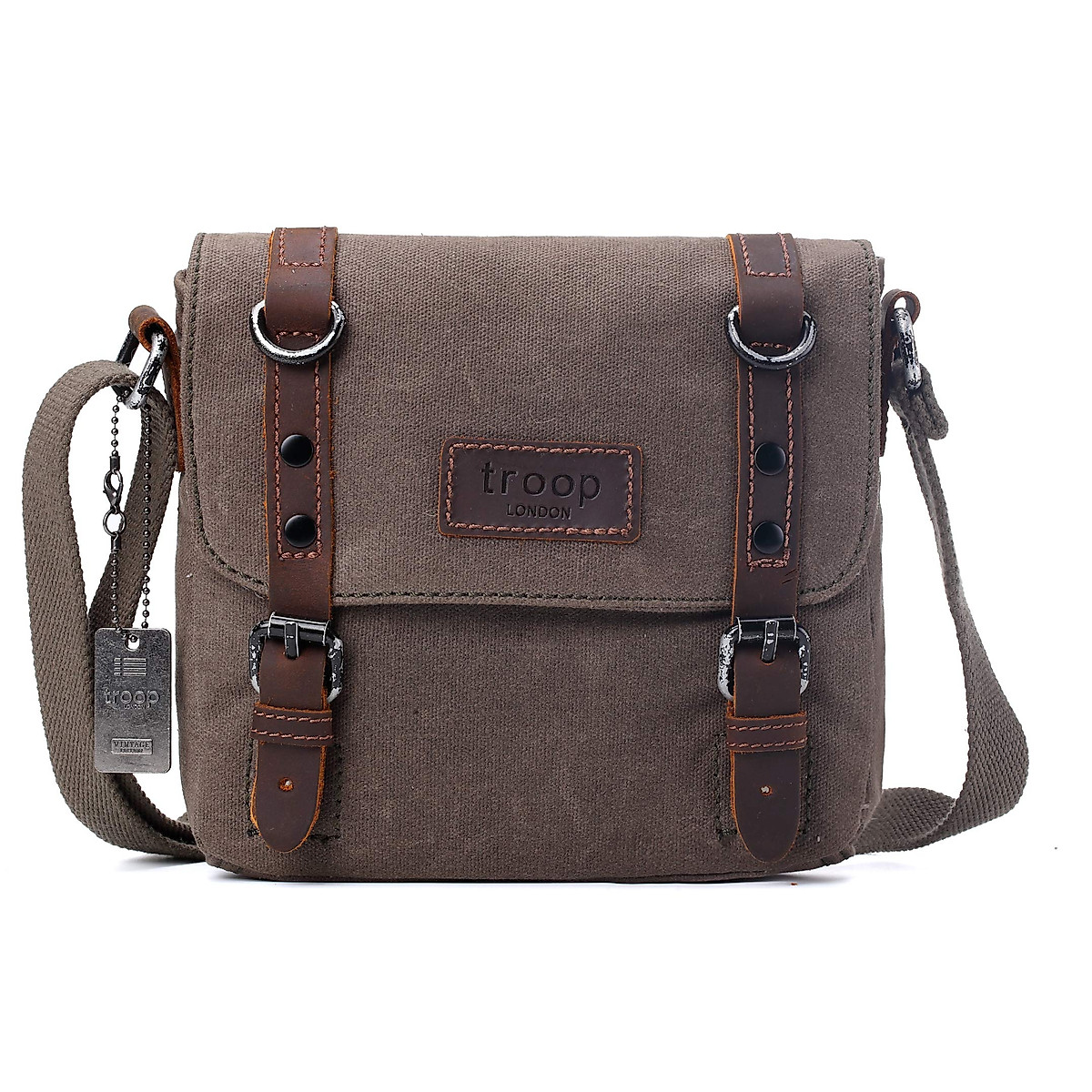 Troop London Heritage Canvas Leather Shoulder Bag, Across Body Bag, Smart Small Travel Bag TRP0428 (Olive)