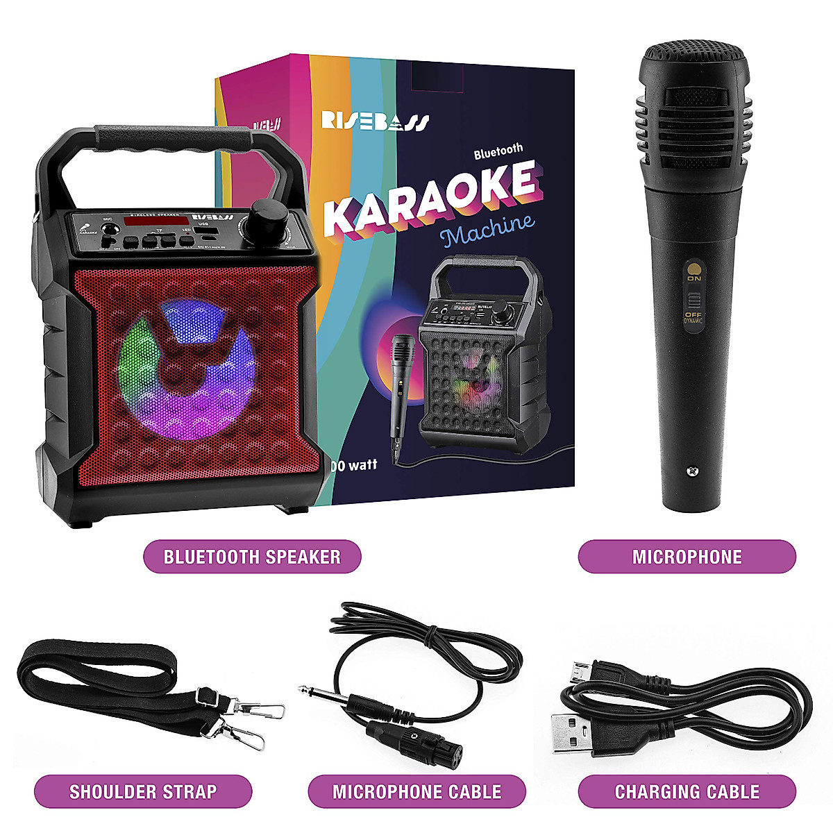 Risebass Portable Karaoke Machine with Microphone - Karaoke System with Party Lights for Kids and Adults - Rechargeable USB Speaker Set with FM Radio SD Card, AUX-in, Birthday Gift for Girls and Boys
