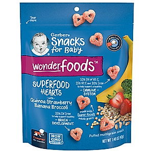Gerber Snacks for Baby Wonder Foods SuperFood Hearts with Quinoa Strawberry Banana Broccoli, Puffed Multigrain Snack, Non-GMO Ingredients, Resealable Pouch 1.48 Ounce(Pack of 2)