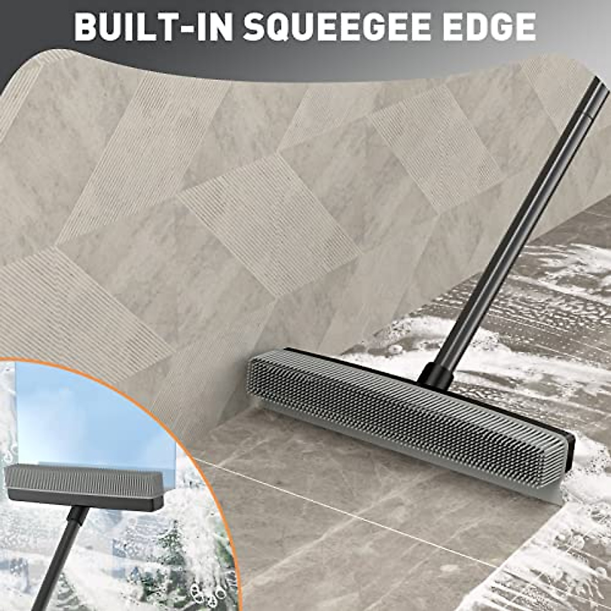 Sunally Rubber Broom Pet Hair Remover, Fur Remover Broom with Squeegee for Fluff Carpet, Hardwood Floor, Tile, Window, Black Grey, Includes Portable Lint Remover Brush and Broom Holder