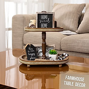 FESTWIND Oval Tiered Tray, Beaded Rustic Tiered Tray, Two Tiered Tray Stand for Kitchen Counter, Farmhouse Decorative Trays for Home Decor Distressed Brown