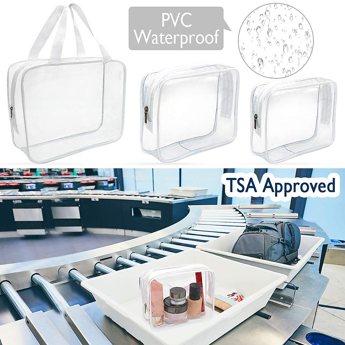 APREUTY Clear Makeup Bags, TSA Approved 6Pcs Cosmetic Makeup Bags Set Clear PVC with Zipper Handle Portable Travel Luggage Pouch Airport Airline Organization (White)