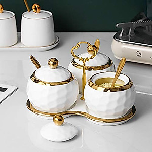 BIHOIB Golf Porcelain Sugar Bowl Condiment Pot Salt Container with Lid, Spoon and Tray, Set of 3, Modern Spice Box Seasoning Jar, White and Gold