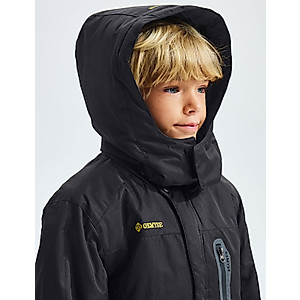 GEMYSE Boy's Waterproof Ski Snow Jacket Hooded Fleece Lined Windproof Winter Jacket (Black,10/12)