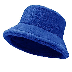 Women Plush Fluffy Bucket Hat Warm Lining Winter Faux Fur Cozy Wide Brim Winter (Royal Blue)