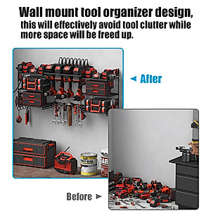 CCCEI Black Power Tools Organizers Wall Mount, Large Tools and Battery Storage Rack Charging Station. 8 Drill Holder, All Metal, Garage Utility Shelves with 6FT Power Strip. Gift for Men.