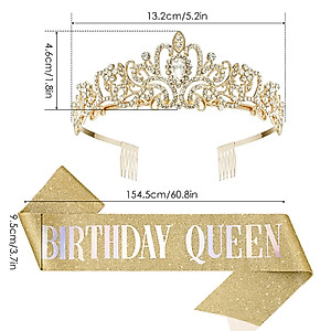 Makone Gold Birthday Princess Crown with Birthday Queen Sash Tiaras for Women or Girls Crystal Headband Hair Accessories for Party Cake Topper