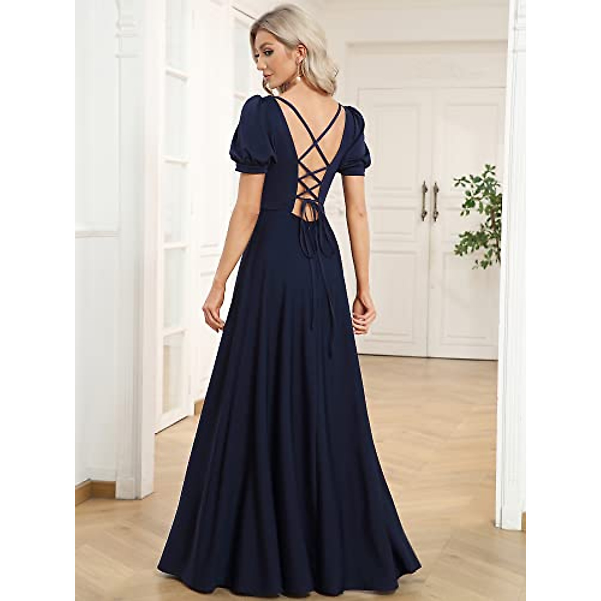 Ever-Pretty Women's Square Neck Short Sleeves Open Back A Line Maxi Holiday Dresses for Women Navy Blue US14