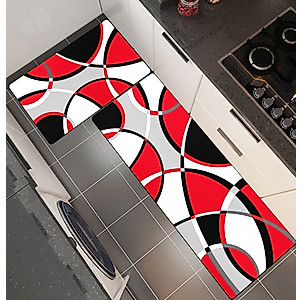 Red Grey Black White Abstract Art Kitchen Rugs and Mats Set of 2 Anti-Fatigue Cushioned Kitchen Floor Mat Non-Slip Backing Washable Kitchen Rugs Set for Home Office Laundry