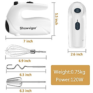 Showvigor Kitchen Mixer Electric Handheld - Portable Hand Mixer Electric with 5 Stainless Steel Accessories Whisk, Food Beater for Whipping Mixing Cookies Cakes Eggs Dough
