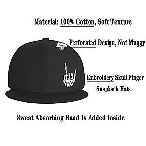 Skeleton Hand Hat, Embroidery Skull Finger Flat Brim Bill Baseball Cap Plain Adjustable Snapback Hats Black