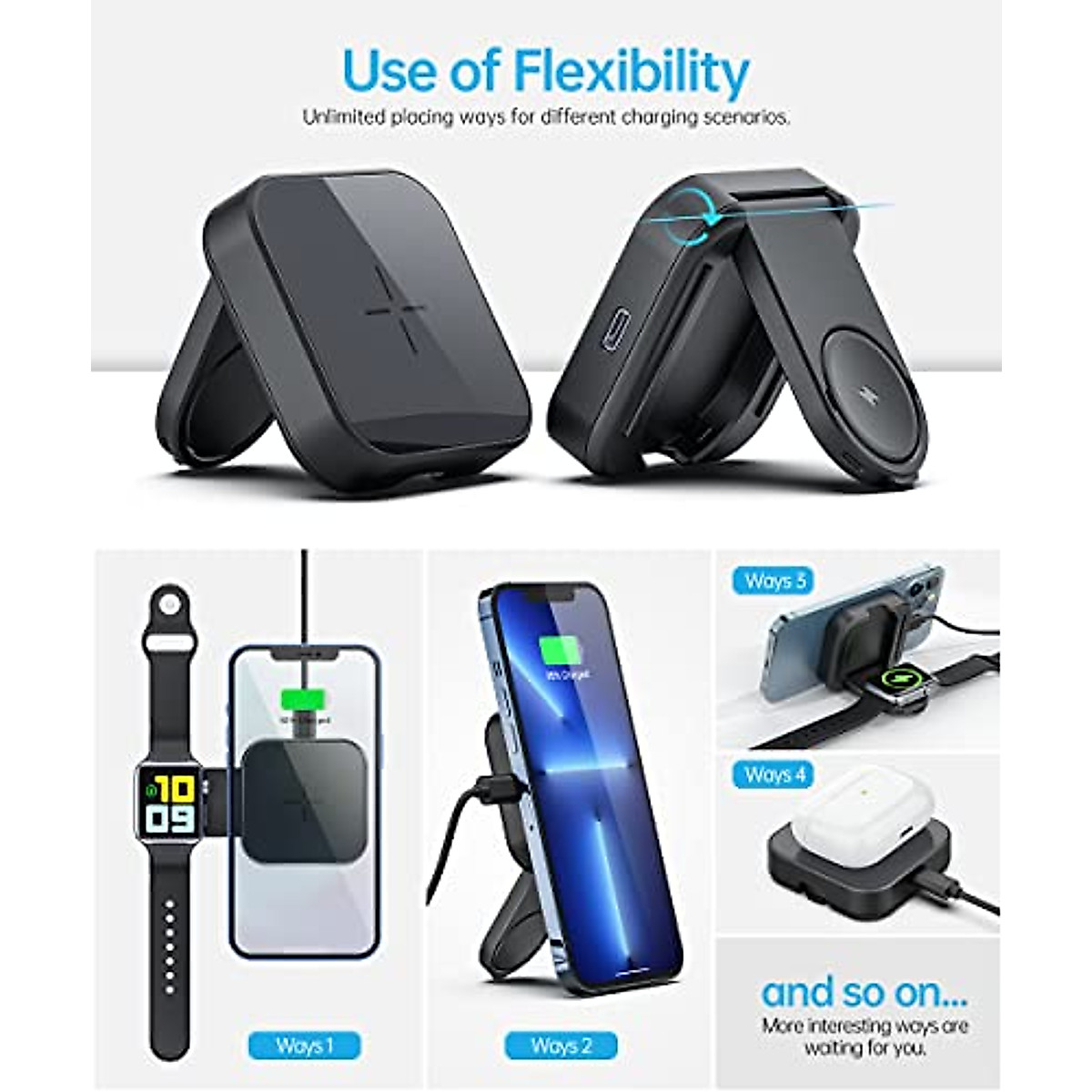 MURCIA 2 in 1 Magnetic Wireless Charger, Folding Dual Fast Magnetic Wireless Charging Station Stand Compatible with iPhone 13/12/ Pro Max/Mini/Apple Watch Se/7/6/5/4/3/2/1