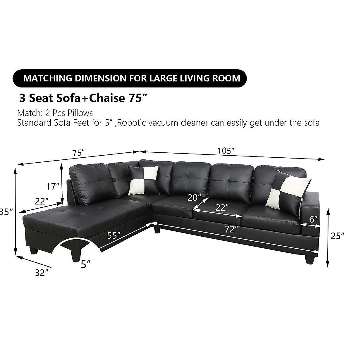 SIENWIEY Sectional Couch for Living Room Furniture Sets, Black Faux Leather Sofa Couch L Shape Couch Living Room Sofa with Chaise 2 Piece Using for Living Room(Black-1,Facing Left Chaise)
