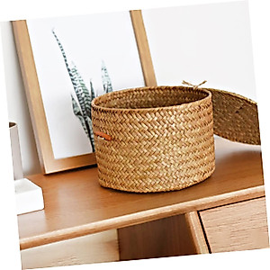 Zerodeko 3pcs Storage Box with Lid Wicker Baskets Wicker Basket with Lid Seagrass Storage Woven Toilet Paper Storage Basket Storage Basket for Shelves Round Seaweed Clamshell Shelf Basket
