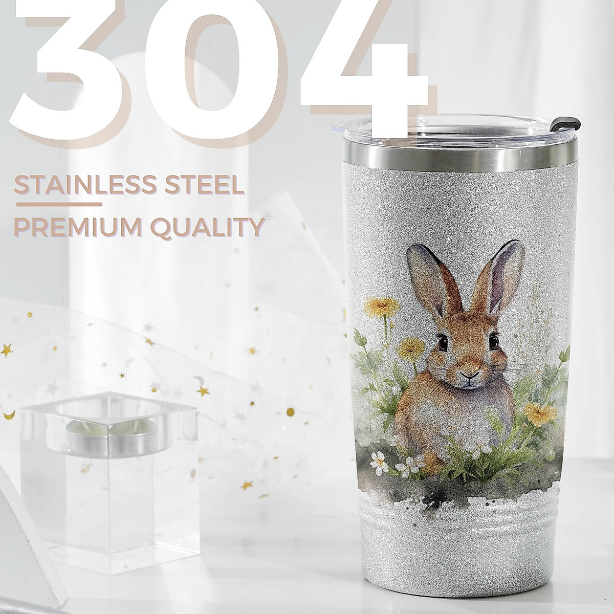 Onebttl Bunny Glitter Tumbler with Lid and Straw, Unique 20oz Cute Tumbler for Women & Girl, Bunny Lover Gifts for Christmas, Birthday