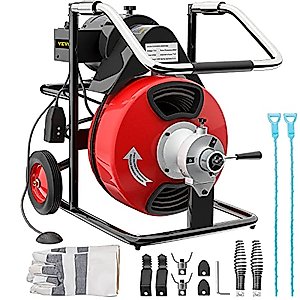 VEVOR Drain Cleaner Machine 100 Ft x 3/8 Inch Auto Feed Drain Cleaning Machine Fits 1 to 4 Inch Pipes, Portable Drain Auger Cleaner with 8 Auger Bits, Electric Drain Auger Plumbing Tool