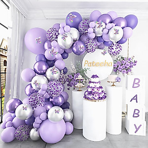Pateeha Baby Shower Decorations for Girl 140 Pcs Purple Balloon Garland Kit Lavender Metallic Purple Silver Balloon Arch 12 Pcs Butterfly Stickers for Wedding Birthday Party Decorations