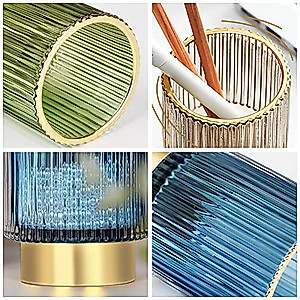 DASITON Makeup Brush holder Organizer,Crystal Cosmetic Makeup Brush Glass Brushes Storage Holder, Vintage Make Up Brush Cup Pen Pencil Holder striped vase(Green S+L