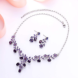 EVER FAITH Wedding Jewelry for Bride, Austrian Crystal Cluster Flower Leaf Bridal Pendant Necklace Earrings Sets Purple Silver-Tone