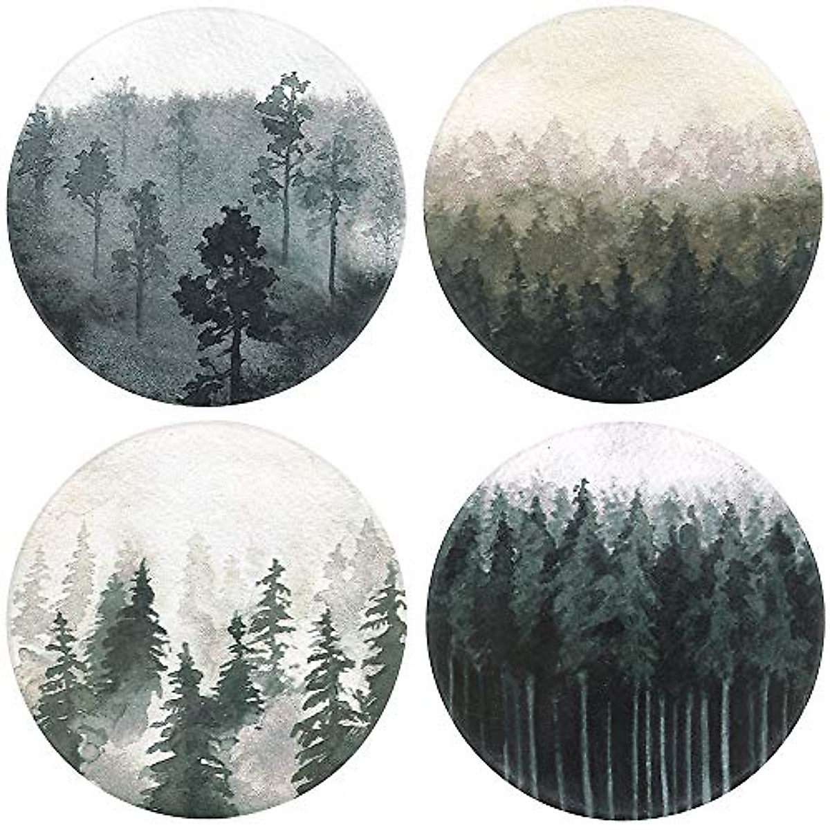 Lahome Forest Pattern Coasters - Round Drinks Absorbent Stone Coaster Set With Ceramic Stone and Cork Base for Kinds of Mugs and Cups (Forest, 4)