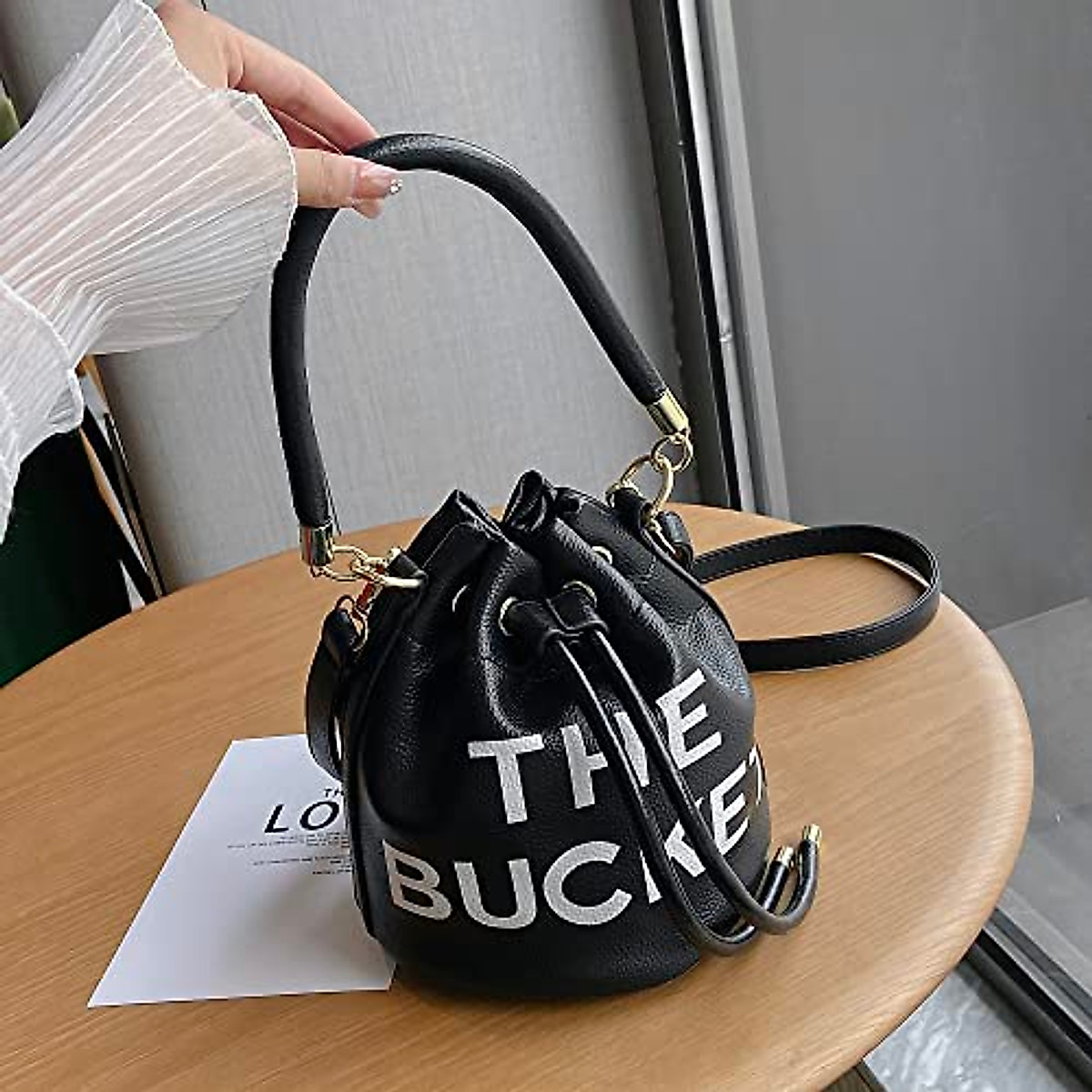 The Bucket Bag for Women, Small Leather Bucket Bag Purse, Crossbody/Handbag/Hobo Bag(7.9 * 7.9 * 8.3in) (Black)