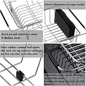 SANNO Dish Drying Rack with Stainless Steel Utensil Holder Sink Dish Rack Adjustable Dish Drainer with Removable Silverware Holder