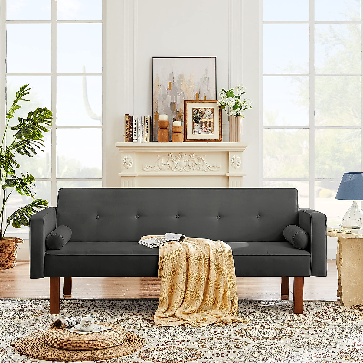 Anwick Modern Fabric Sofa Bed Futon,Convertible Sleeper Loveseat with 2 Pillows & Armrests,75" Folding Recliner Couch Bed with Solid Wood Legs for Living Room Bedroom Office Dorms (Dark Grey)