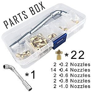 XIFOWE Nozzles 22 pcs 3D Printer Brass Nozzles for V5-V6 3D Printer, 0.2mm, 0.4mm, 0.6mm, 0.8mm, 1.0mm, with DIY Tools and A Ten-Grid Parts Box, Compatible with I3 A8 MK3/MK3S Clone