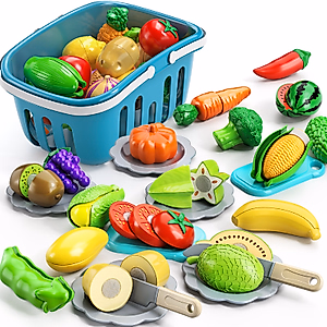 TEMI 70 Pieces Cutting Play Food Toy for Kids Kitchen - Pretend Fruit and Vegetables Accessories Toys for 3 4 5 6 Girls with Storage, Dishes and Knife, Educational Kitchen Toy for Toddlers Age 3-5