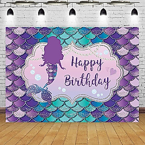 Maijoeyy 7x5ft Mermaid Birthday Backdrop Glitter Blue Purple Mermaid Scales Photography Background Under The Sea Mermaid Princess Birthday Party Banner Decorations