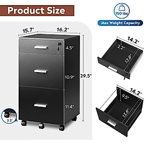 DEVAISE 3 Drawer Rolling File Cabinet with Lock, Wood Filing Cabinet fits Letter / A4 Size for Home Office, Black